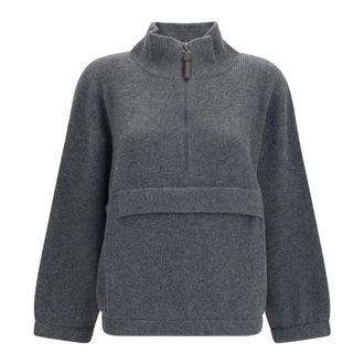 Brunello Cucinelli Pull Col Zip en Cachemire - Femme - Pulls - Gris - Taille: 40 FR
