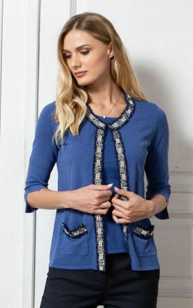 Passioni Cardigan Twinset mit Boucl&eacute;- und Perlenbesatz