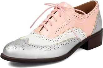 Generic Chaussures Oxford Wingtip pour Femmes Bicolores Brogues Talon Bas pour Affaires et Usage Quotidien Confortable Plusieurs Couleurs,Rose,44 EU