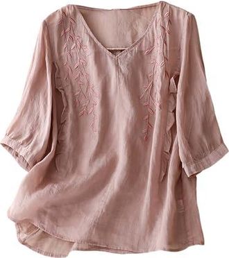 Generic T-shirt &eacute;l&eacute;gant pour femme - Col en V - Chemisier en lin &agrave; manches courtes - Chemise d&eacute;t&eacute; l&eacute;g&egrave;re et a&eacute;r&eacute;e - Chemisier en mousseline - Broderie - Chemi