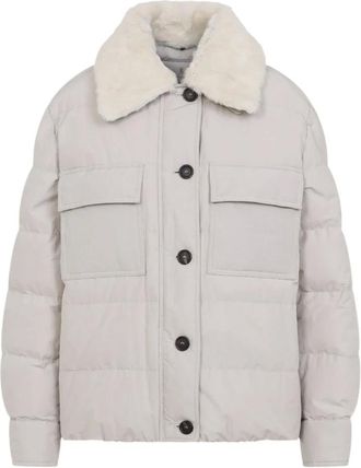 Brunello Cucinelli Femme, Vestes, Gris, Taille: 38 FR Doudoune matelass&eacute;e &agrave; col en peau lain&eacute;e