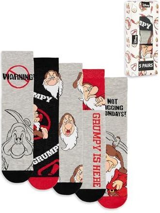 Disney Grumpy Lot de 5 paires de chaussettes pour homme | Chaussettes graphiques grises, noires et rouges avec inscription humoristique ATTENTION, GRUMPY EST