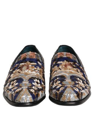 Dolce & Gabbana Mens Multicolor Embroidered Sequin Loafers Shoes Leather