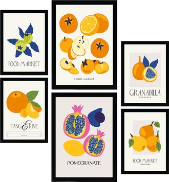 Nacnic Set mit 6 Lebensmittel- und Ernährungs Postern. Runde Früchte. Natur- und Botanikdrucke für Innenarchitektur und Dekoration. A3 & A4 schwarze Rahmen