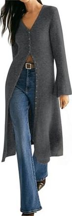 Generic Cardigan long tendance &agrave; col en V boutonn&eacute; pour femme, manteau maxi en tricot &eacute;pais pour lautomne et lhiver, options de tricot torsad&eacute;, gris, S
