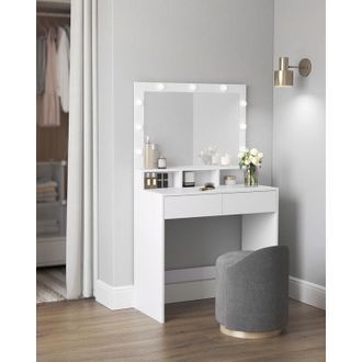 Vasagle Vasagle - Coiffeuse avec Miroir, 80 x 40 x 140 cm avec led, 2 Tiroirs et 3 Compartiments de Rangement, pas tabouret, Style Moderne, Blanc