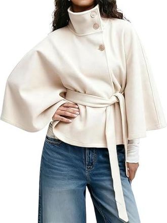 Generic Ponchos &agrave; manches chauve-souris pour femmes, manteau de pois &agrave; col montant tendance, manteau en laine avec ceinture pour lautomne et lhiver, blanc, S