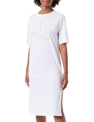 A|X Armani Exchange Womens Sustainable, Big Logo Print, Round Neck Casual Dress, Optic White, X-Small