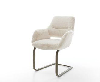 DELIFE Freischwinger Yago-Flex mit Armlehnen Pl&uuml;sch Creme-Wei&szlig; Freischwinger flach Effektfinish Titan Taschenfederkern, Esszimmerst&uuml;hle