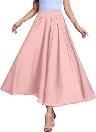 Generico Jupe longue en coton et lin boh&egrave;me pour femme taille &eacute;lastique longue fluide unie pour l&eacute;t&eacute;, la plage et les vacances, Ros&eacute;, Medium
