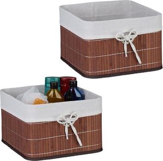 Relaxdays Aufbewahrungskorb 2er Set, Bambus, Stoffeinsatz, HBT: 20x31x31 cm, Körbchen Griffloch, Regalkorb, braun/weiß