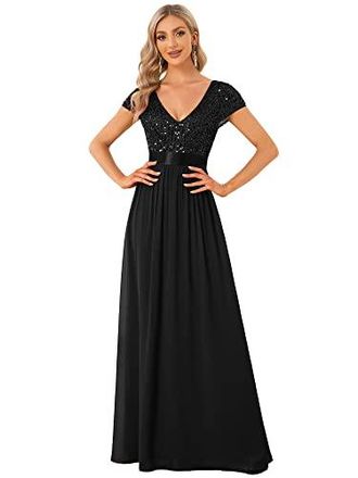 Ever-pretty Robe Cocktail Mariage Femme Longue à Paillettes Col V Manches Courtes Mousseline de Soie A Line Brillante Noir 48