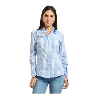 Patrizia Pepe Femme, Blouses et Chemises, Bleu, Taille: 46 FR Chemise Popeline Ray&eacute;e Coupe Slim