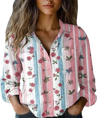 Generico Chemise Femme Curvy Manches Longues T Shirt Coton Et Lin Simple Grande Taille Chemisier Col en V Mode Blouse Vintage Fantaisie avec Boutons L&eacute;ger Chem