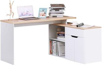 HOMCOM Bureau dangle Bureau Informatique multim&eacute;dia modulable Multi-rangements Double Niche + tiroir et Placard en Bois Clair Blanc
