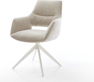 DELIFE Drehstuhl Yago-Flex mit Armlehnen Webstoff Soft Beige Kreuzgestell breit Weiß 360° drehbar Wippfunktion Taschenfederkern, Esszimmerstühle