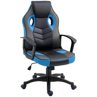 Vinsetto Chaise de jeu ergonomique, chaise de bureau pivotante avec roulettes en cuir PU noir et bleu, hauteur r&eacute;glable