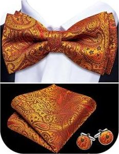 Barry.Wang Ensemble noeud papillon pré-noué en soie pour homme avec carré de poche et boutons de manchette pour mariages et événements formels, Rouge orange brûl