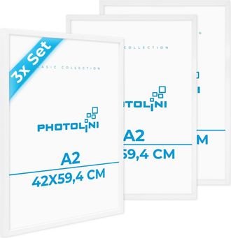 Photolini Bilderrahmen A2 Weiß Holz MDF, 3er Set Picture Frame Rahmen 42x59,4 mit bruchsicherem Acrylglas, DIN A2 Bilderrahmen 42x60 zum Aufhängen, mit Zubehör 