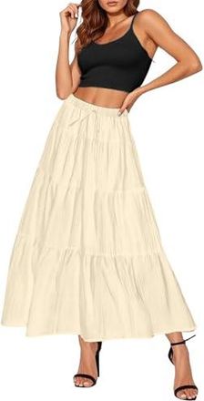 Generic Jupe maxi pour femme pour le quotidien et les vacances, fluide, &eacute;vas&eacute;e, avec volants, style velours pour femme, beige, XXL