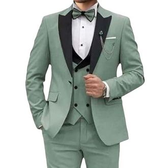 Generic Costume 3 pièces élégant en velours pour homme, coupe ajustée, revers à visière, smoking, veste de dîner, gilet et pantalon, vert clair, 5XL