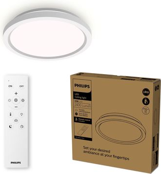 Philips LED-Deckenleuchte mit Fernbedienung, rund, 30 cm, dimmbar, Tunable White, Wohnzimmer, Schlafzimmer, kein Flimmern oder Blenden, modernes Design, weiß,