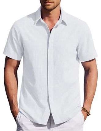 Coofandy Chemise Homme Manches Courtes Coton &Eacute;t&eacute; Chemise Casual Homme Plage Vacances Confort Respirante avec Boutons Cach&eacute;s Blanc M