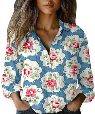 Generico Chemise Femme d&Eacute;t&eacute; D&eacute;contract&eacute; &agrave; Manches Longues Chemises Coton Et Lin &Eacute;l&eacute;gant Respirant Blouse Col en V L&eacute;ger T Shirt Vintage Imprim&eacute; avec Boutons Mo