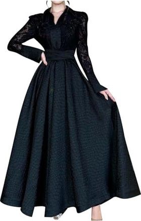 Generic Robe Longue Femme Dentelle, Robe de Soiree Brodé-Robe Vintage Manche Longue Col V Taille Haute Chic Et Elegant Dress Slim Classique Swing Solide Pour 