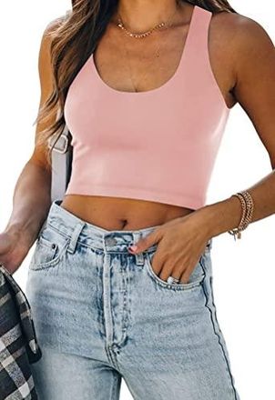 ORANDESIGNE Débardeur Crop Top Femme Dos Nageur Caraco Chic et Elegant sans Manche Col Rond Haut Court Tank Top Camisole Décontracté Moulante Cropped Tshirt C Ros