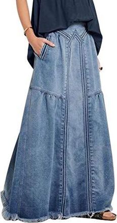 ORANDESIGNE Femme Jupe Denim Longue Maxi Délavé Jupe Évasée Extensible en Jean Classique Taille Haute Poche Eté Casual Vintage Bleu Clair 38