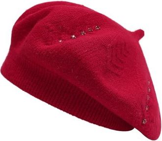 ZLYC Béret français réversible en Cachemire de Couleur Unie pour Femmes et Filles, Strass Rouge, Taille Unique