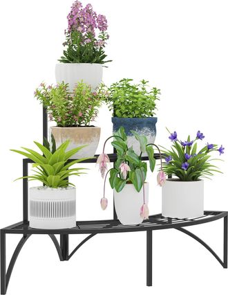 OUTSUNNY 3-Etagen Pflanzenständer, Blumenständer für Innen Außen, Pflanzenregal aus Metall, mehrstöckig Blumenregal, 60 cm hoch Blumentreppe für Wohnzimmer, Ga