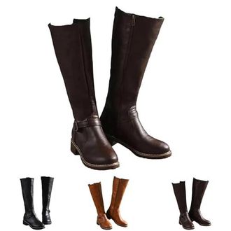 Generic Bottes dhiver longues pour femme, talon bas, style d&eacute;contract&eacute;, bout rond, longueur genou, chaussures &agrave; boucle occidentale avec fermeture &eacute;clair lat&eacute;r