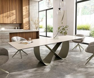 DELIFE Esstisch Edge 300x100 Keramik Laminam Travertino Bianco Creme-Wei&szlig; Infinity Metall Effektfinish Titan, Esstische