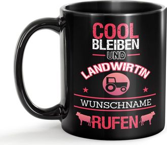 Tassendruck Schwarze Tasse für Landwirtin mit Name - Cool bleiben und Name rufen - Geschenk für Kollegin zum Geburtstag | Personalisierte Geschenke, Keramik Schwa