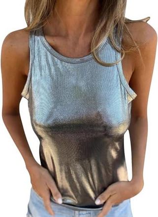 Generic Haut &agrave; paillettes pour femme - D&eacute;bardeur m&eacute;tallique de couleur unie - L&eacute;ger et imperm&eacute;able - D&eacute;contract&eacute; - Col rond - Tendance - Coupe ajust&eacute;e - Blous