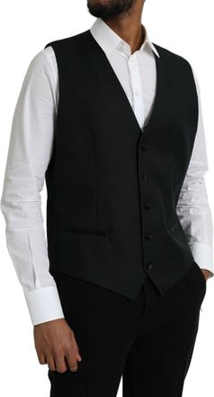 Dolce & Gabbana Mens Black Wool Waistcoat Dress Formal Vest Silk Polyester