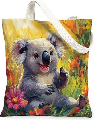 Generic Sac fourre-tout en toile motif koalas printaniers 33 x 38 cm, motif fleurs color&eacute;es, sac d&eacute;picerie r&eacute;utilisable pour femme, motif animal de voyage, d&eacute;