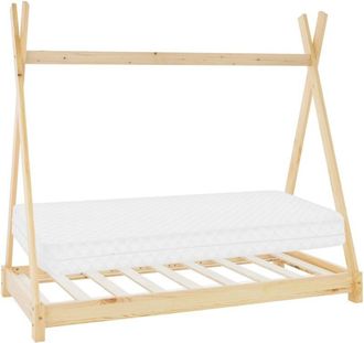 ML Design Ml-design - Lit dEnfant Tipi 80 x 160 cm Naturel avec Matelas à Mousse Froide Hypoallergénique et Sommier à Lattes, Housse Amovible Respirant