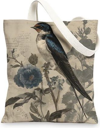 Generic Sacs fourre-tout en toile motif floral élégant, sacs dépicerie réutilisables, vintage botanique, léger, lavable, bandoulière C, bleu, 13x15 Inch