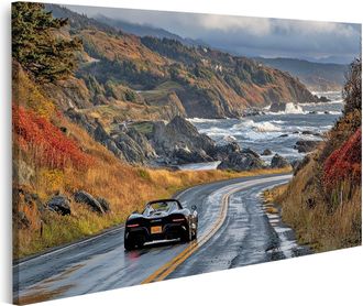 Islandburner Bild auf Leinwand K&uuml;stenstra&szlig;e mit Auto und herbstlicher Landschaft Bilder Wandbilder Poster