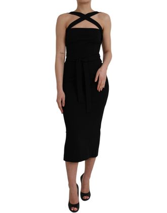 Dolce & Gabbana Womens Black Sheath Halter Sleeveless Midi Dress Viscose Nylon Elastane