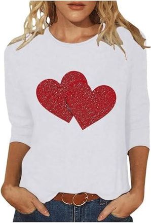 Generic T-shirt d&eacute;contract&eacute; &agrave; col rond et manches trois-quarts imprim&eacute; pour la Saint-Valentin 2026, blanc, L