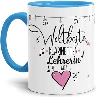 Tassendruck Berufe Tasse - Weltbeste Klarinetten Lehrerin - Geschenk für die weltbeste Musiklehrerin, Musikunterricht, Lehrerin - Keramik Innen & Henkel Hellblau,