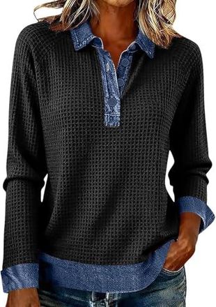 Generic Pull patchwork en denim pour femme - Pull vintage en tricot gaufr&eacute; avec col boutonn&eacute; - Haut d&eacute;contract&eacute; en tricot gaufr&eacute; pour femme, gris fonc&eacute;, XXL
