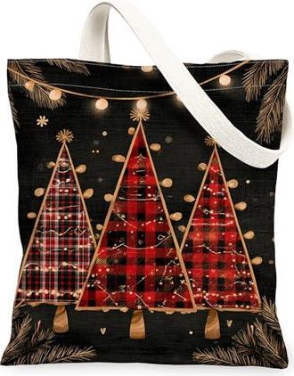 Generic Sacs fourre-tout en toile pour sapin de No&euml;l, motif &eacute;cossais de vacances, sacs d&eacute;picerie r&eacute;utilisables, vintage, rustiques, l&eacute;gers, lavables &agrave; l&eacute;paule