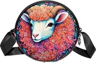 Generic Petit sac &agrave; bandouli&egrave;re rond pour femme, motif mouton color&eacute; avec fermeture &eacute;clair, bretelles r&eacute;glables, sac &agrave; main rond d&eacute;contract&eacute; pour femmes et fi
