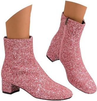 Generic Bottines &agrave; paillettes pour femme - Talon bloc moyen - Fermeture &eacute;clair - Pour f&ecirc;te, b rose, 35.5 EU