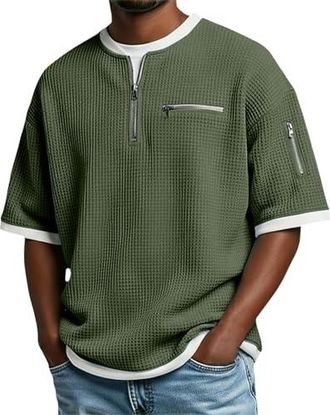 Generic Lot de 2 t-shirts gaufr&eacute;s 1/4 &agrave; manches courtes et col en V pour homme - Faux pull surdimensionn&eacute; confortable avec poches - V&ecirc;tement de travail respir